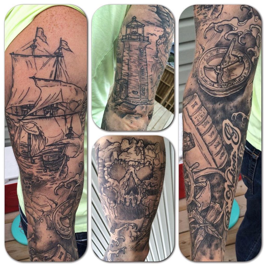 Nautical Scene with Ship, Blackwork Tattoo | Level-up Tattoo Studio